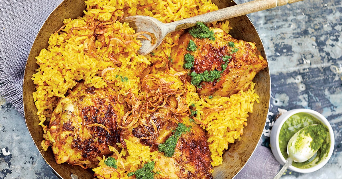 Ghee-Smoked Chicken and Rice with Spicy Mint Sauce | TASTE